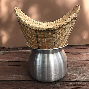 mamameya2511 Vintage Thai Handicraft Lao Cookerwear Bamboo Basket&Pot Steamer Sticky Rice Set