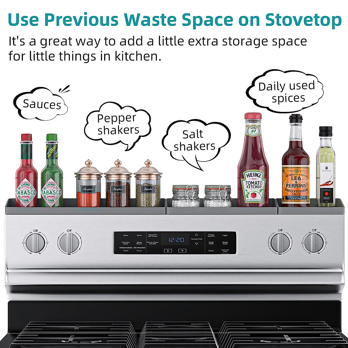 Silicone Magnetic Stove Top Shelf: Over the Stove Spice Rack for 20"/24"/30" Length, Non-Slip Oven Shelf for Top of Stove, Magnetic Shelf for Kitchen Stove with 3 Sections, Shelf for Back of Stove