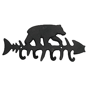 Black Bear with Fish Bones Cast Iron Wall Hook, Wall Mounted Decoration, Rustic Cabin Décor, 9.25 Inches