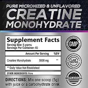 Creatine Monohydrate Powder - 100% Pure Micronized Creatine 5000mg (5g) - Creatine Pre Workout, Supports Muscle Building, Cellular Energy, Recovery & Strength, Vegan, Keto, Gluten-Free - 60 Servings