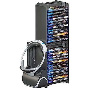 Skywin-Video Game Storage Stand Tower, Video Game Storage Organizer for PS5/ PS4/ PS3/ Xbox Series S & X/Xbox one Game, VR/Headset Hanger, 24 CD Storage Disk Tower for PS (Black)