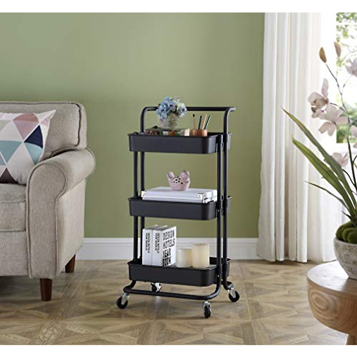 Poplarbox 3-Tier Rolling Utility Cart Metal Mesh Storage Shelves with Handles (Black)