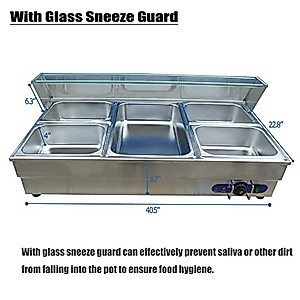 HQHAOTWU 5-Pan Electric Food Warmer Commercial Bain Marie Buffet Stainless Steel Food Container Double-Row Pans with Glass Guard for Catering Restaurant Canteen 12"×8.7"×4" Pan and 21"×13"×4" Pan