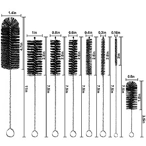 8 Pcs Bottle Brush and Straw Cleaner Brush, Long Deep Nylon Black Bottle Cleaner Brush with Durable Stainless Steel Flexible Handles for Bottles, Straws, Pipes, Wine Decanter, Sinks and Cup Cover