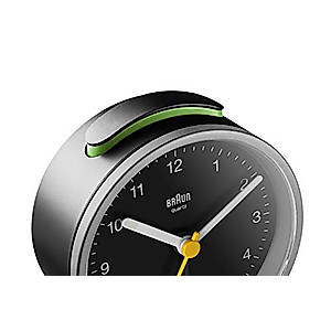 Braun Classic Analogue Alarm Clock with Snooze and Light, Quiet Quartz Movement, Crescendo Beep Alarm in Black and Silver, Model BC12SB.