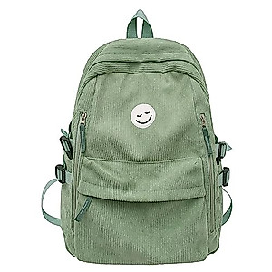JHTPSLR Preppy Backpack Smiley Face Corduroy Backpack Cute Academia Aesthetic Backpack Autumn Corduroy Backpack Solid Book Bags (Sage Green)