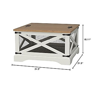 HOKYHOKY Square Coffee Table with Storage, 31.5" Farmhouse Wood Center Table with Hinged Lift Top, Industrial Coffee Table Rustic Rectangle Cocktail Table for Living Room (Distressed White)