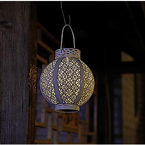 WSgift 2 Pack Hanging Solar Lantern Metal LED Table Lamp Outdoor Solar Hollow-Out Lights with Handle, 6 lumens, 6 x 6 x 6.7 Inch, White