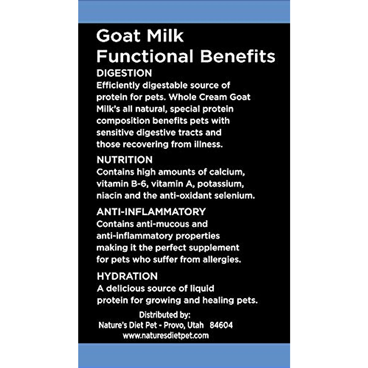 Nature's Diet Pet Dried Whole Cream Goat Milk for use as High Protein, Hypoallergenic Digestion, Nutrition and Anti-inflammatory Powdered Instant Meal Topper (16 oz = 53 Cups or 159 Servings)