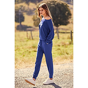 PRETTYGARDEN Women's 2024 Fall Fashion Outfits 2 Piece Sweatsuit Solid Color Long Sleeve Pullover Long Pants (Blue,Medium)