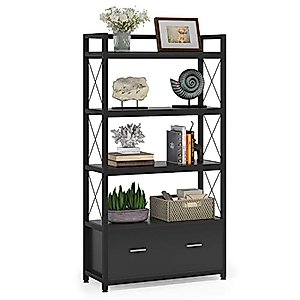 LITTLE TREE Freestanding Lateral File Cabinet with Drawer, Filiing Cabients with Shelves, Black