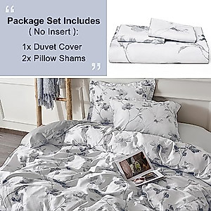 PHF 100% Cotton Printed Duvet Cover Queen Size, 3 Pieces Soft Breathable Duvet Cover Set for All Season, Stylish Floral Pattern Smooth Comforter Cover with 2 Pillow Shams, 90" x 90", White Grey-Floral