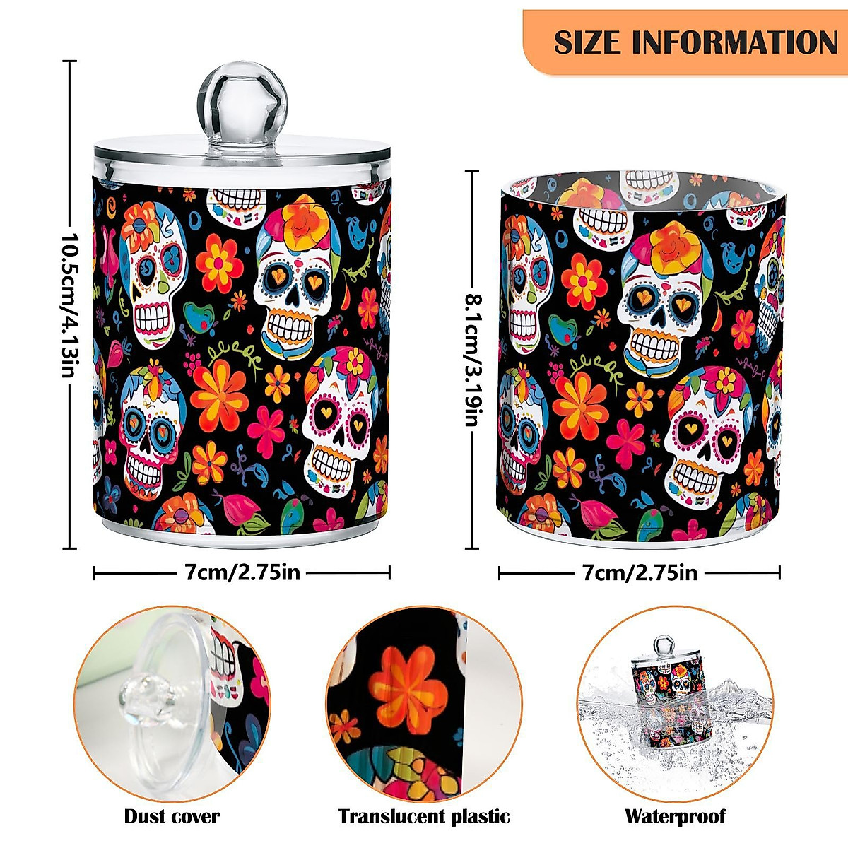 Day Of The Dead Skull Flowers Qtip Holder 2Packs Cotton Ball Holder Bathroom Organizer Dispenser Plastic Jar Apothecary Jars with Lids for Vanity Floss Cotton Pad Swab Room Home Decor