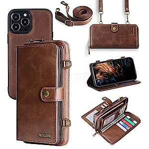 QIXIU for iPhone 12 Pro Max Wallet Case, Multi-Function Wallet Case, Detachable 3 in 1 Magnetic iPhone 12 Pro Max Case Wallet, Flip Strap Zipper Card Holder Phone Case with Shoulder Straps(Brown)