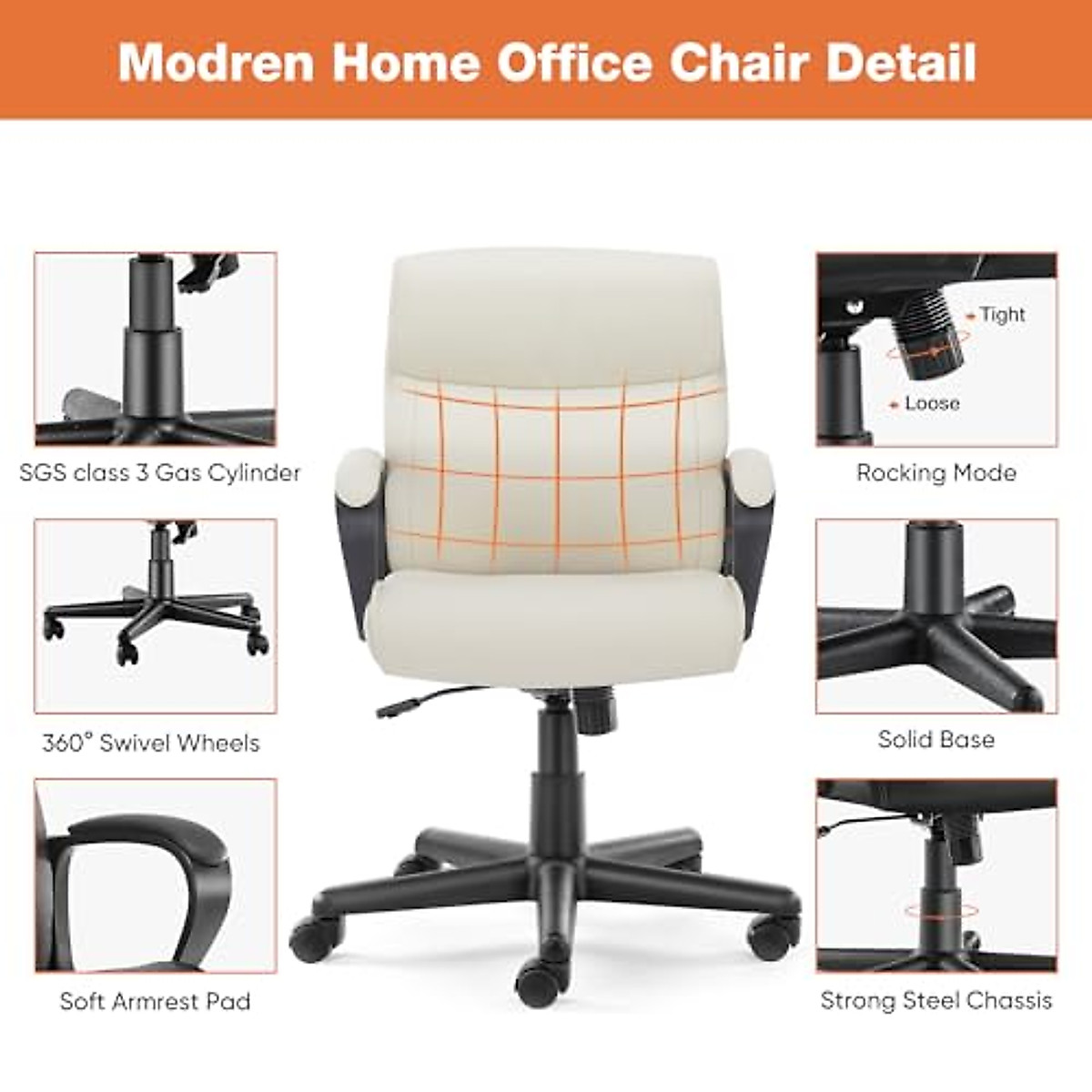 Sweetcrispy Executive Office Chair with Padded Armrests Adjustable Height, 360-Degree Swivel, Lumbar Support, PU Leather, Cream