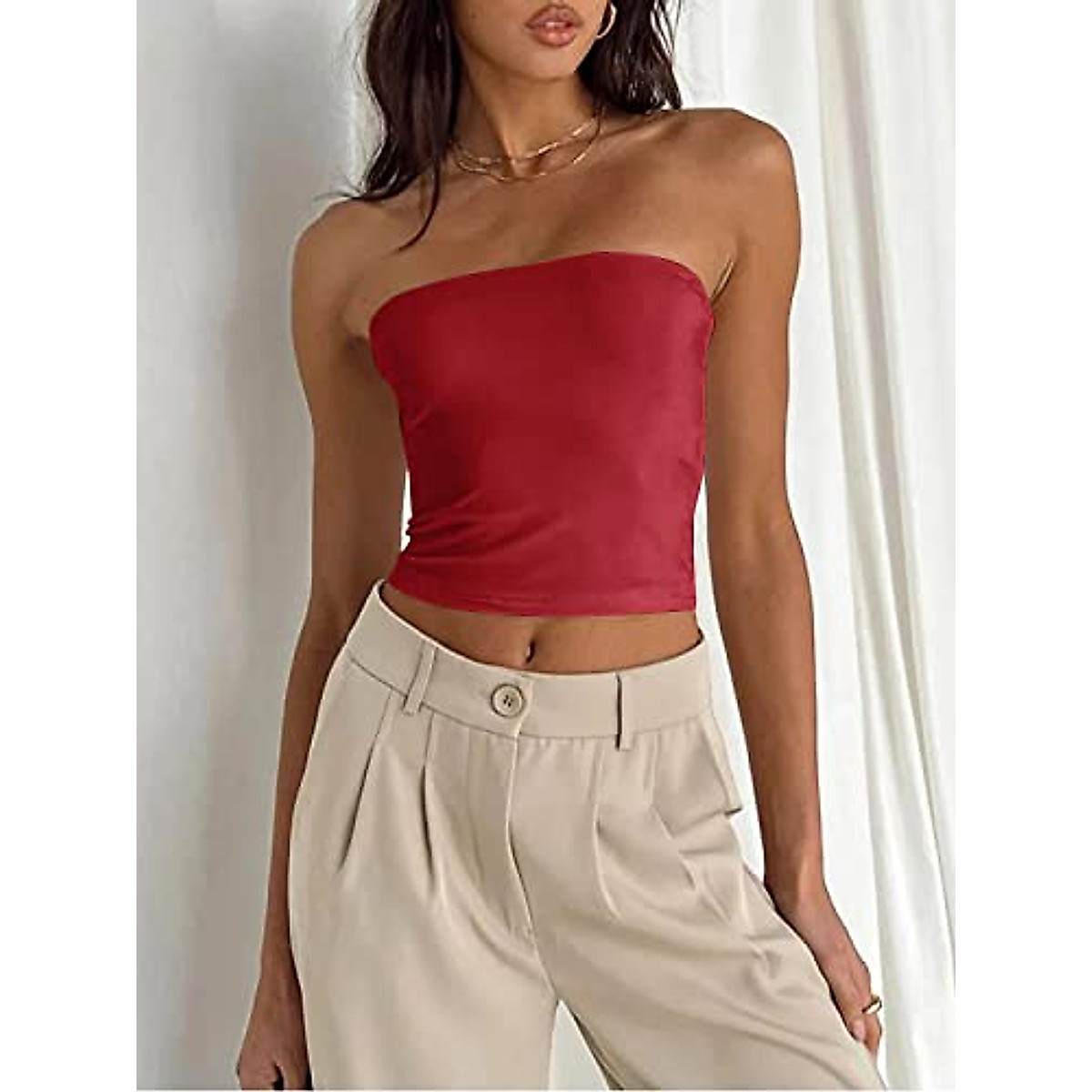 Trendy Queen Strapless Tops for Women Sexy Tube Bandeau Basic Backless Crop Tops Cute Summer Outfits 2023 Sleeveless Slim Fit Stretchy Y2k Shirts Teen Girls Red
