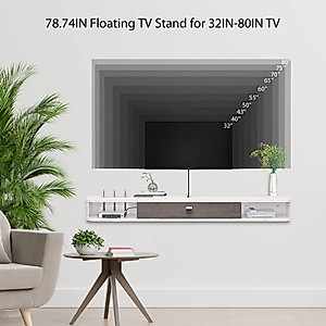 Bixiaomei Floating TV Unit, 79'' Wall Mounted TV Cabinet, Floating Shelves with Door, Modern Entertainment Media Console Center Large Storage TV Bench for Living Room & Office (78.74IN, Grey White)