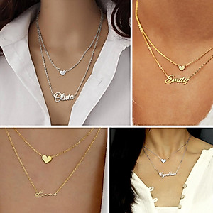 MeMoShe Layered Choker Name Necklace Personalized with Heart, Custom Nameplate Pendant 18K Gold Plated Christmas Gift