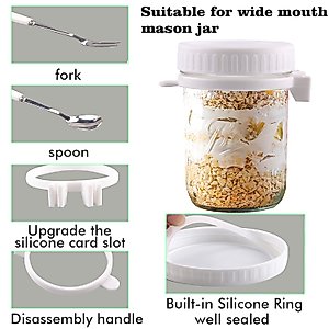 Overnight Oatmeal Lid，Overnight Oats Containers 4 piece set，Pickle Fork ，spoon，Suitable for mason jars and overnight oats jars(black White，Jars not Included)