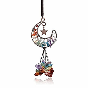 CrystalTears Chakra Stones Healing Crystal Moon Hanging Ornament Handmade 7Chakra Tree of life Wall Ornament Feng Shui Crystal Window Car Ornament for Meditation Home Office Christmas Decor Gift
