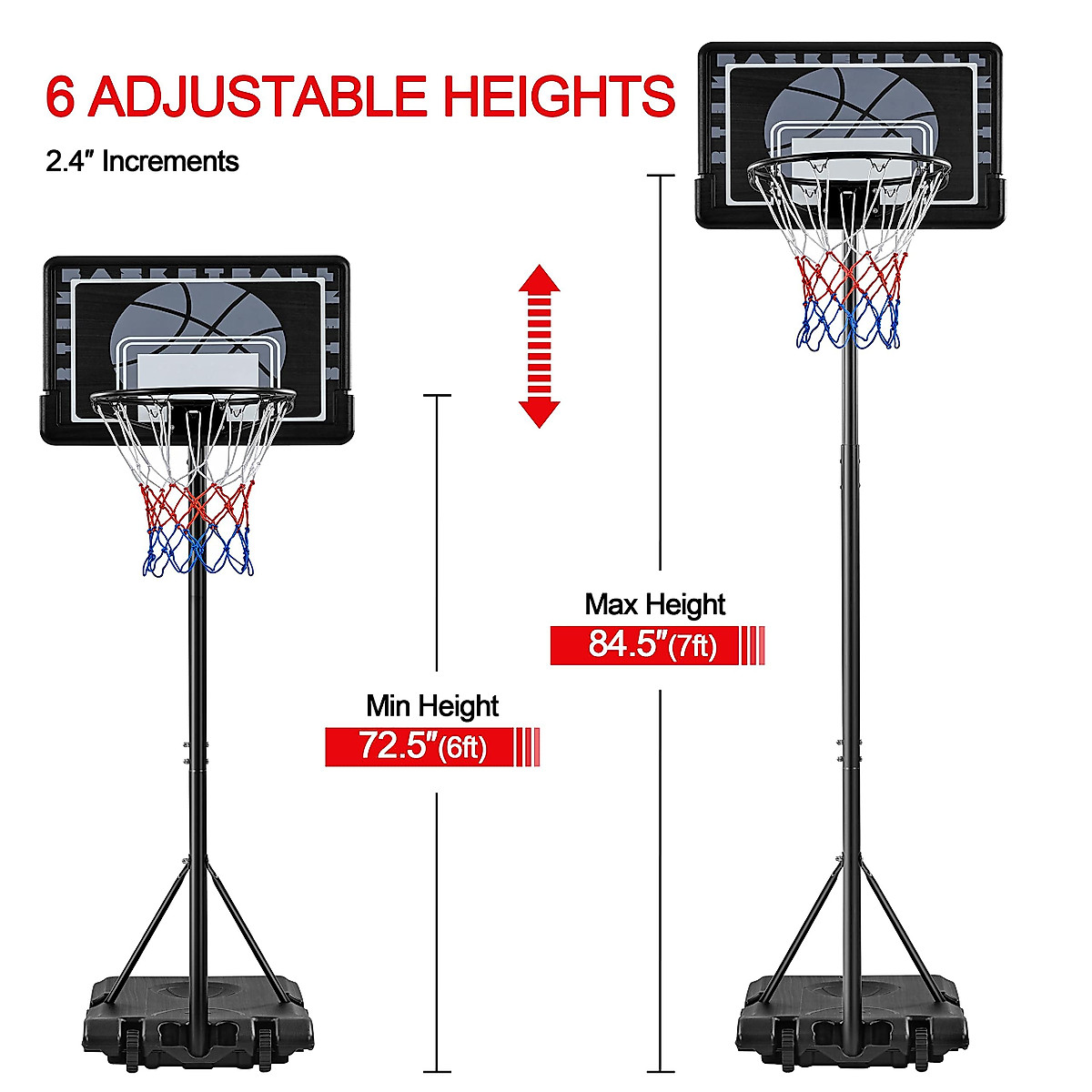 Yaheetech Height Adjustable Basketball Hoop Stand Portable Basketball Goal System Set with 30'' PE Backboard w/ 2 Wheels 7.2ft-8.2ft Height Use for Indoor & Outdoor Sports