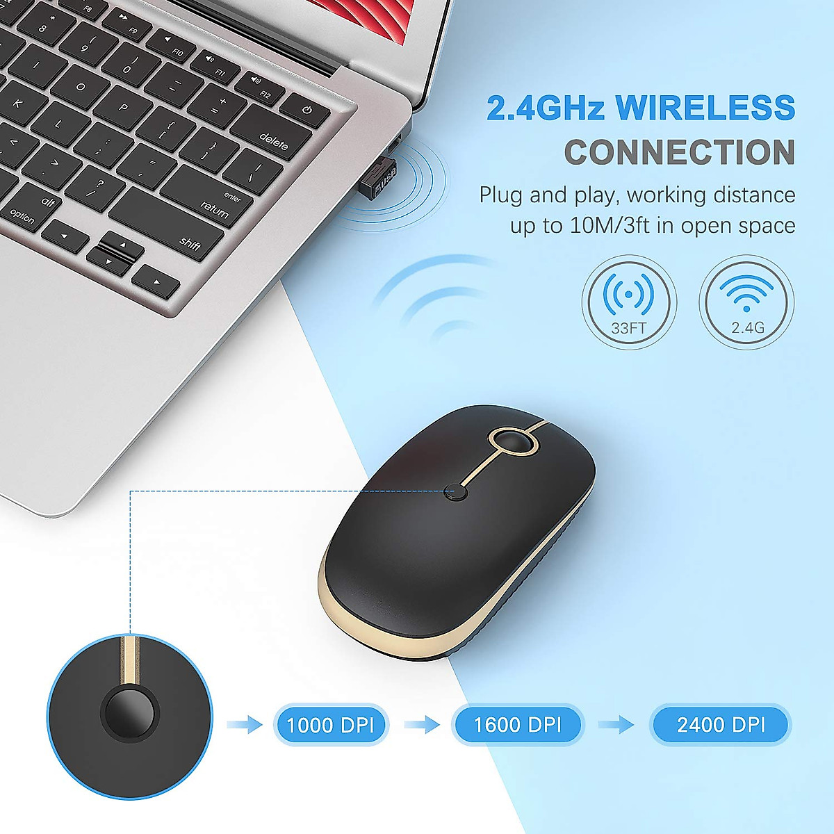 TechGarden Wireless Bluetooth Mouse, Dual Mode (Bluetooth 4.0 + USB) Silent Bluetooth Wireless Mouse with USB Nano Receiver, 3 DPI Levels for MacBook, Laptop, PC, Tablet - Black & Gold