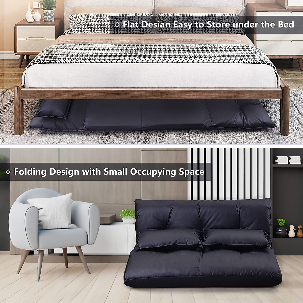 Floor Sofa, Merax Foldable Lazy Sofa Sleeper Bed with 2 Pillows, Adjustable Lounge Sofa Gaming Sofa Floor Couches 5-Position for Bedroom, Living Room, and Balcony, Black