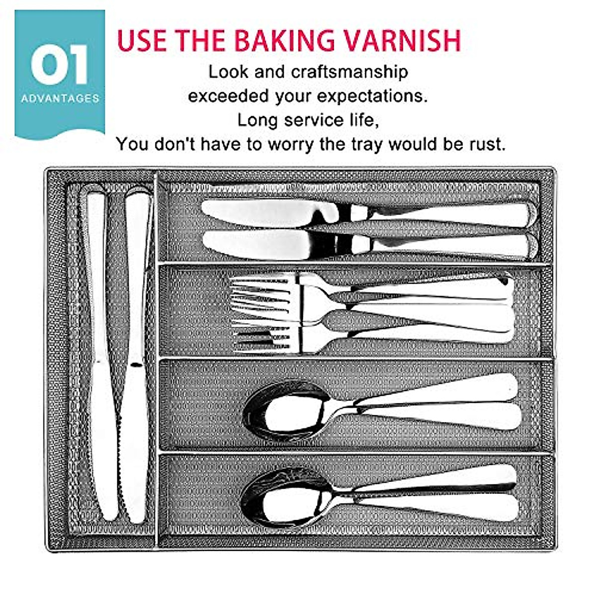 LUOOV 5 Compartment Mesh Small Cutlery Tray with Foam Feet - Kitchen Organization/Silverware Storage Kitchen Utensil Flatware Tray (Silver)