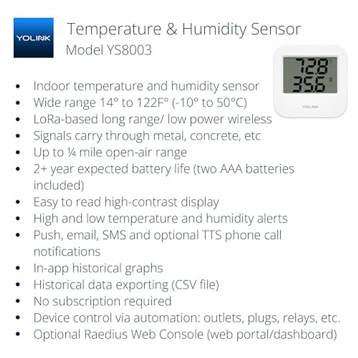 YoLink Smart Wireless Temperature & Humidity Sensor, Wide Temp Range for Freezer, Fridge, Green House, Pet Cage, App Alerts, Emails, Text/SMS alerts- Hub Required