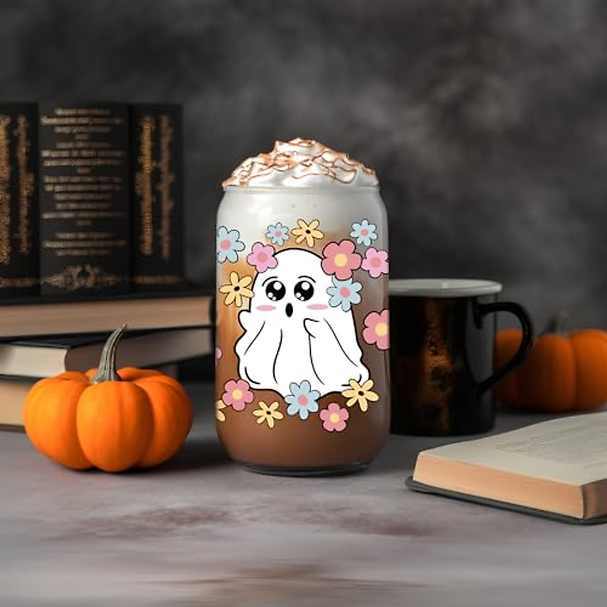 GSPY Halloween Ghost Iced Coffee Glass Cups, 16oz Cute Floral Ghost Can Shaped Glass Cups with Lids and Straws, Halloween Gifts, Spooky Halloween Tumbler Mug for Women Girls