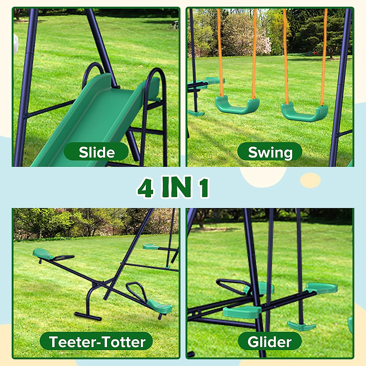 Dithoko 4 in 1 Multifunction Kids Swing Set, Metal for Backyard, Outdoor Heavy Duty Extra Large Frame with 2 Adjustable Swing, 1 Glider, 1 Slide and 1 Teeter-Totter