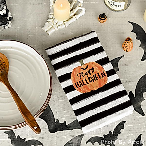 Artoid Mode Watercolor Stripes Happy Halloween Kitchen Towels and Dish Towels, 18 x 26 Inch Spooky Trick Boo Pumpkins Holiday Ultra Absorbent Drying Cloth Hand Towels for Cooking Baking Set of 2