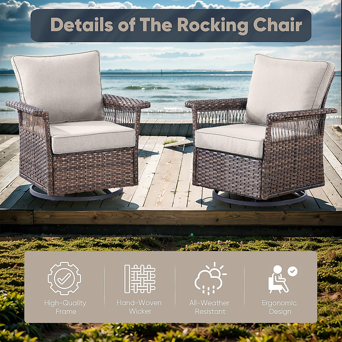 HUMMUH Outdoor Swivel Chairs Set of 2 - Swivel Patio Chairs with 4" Wide Armrest Patio Chairs for Deck Porch Balcony Garden-Brown/Beige