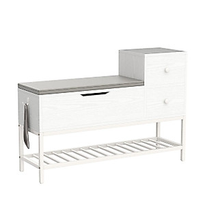 IRONCK Storage Bench, Entryway Shoe Bench with Flip Top Storage Space and 2 Drawers, Holds up to 330lb Shoe Rack with Removable Seat Cushion and Shoehorn for Entryway/Hallway(39.4in, White)
