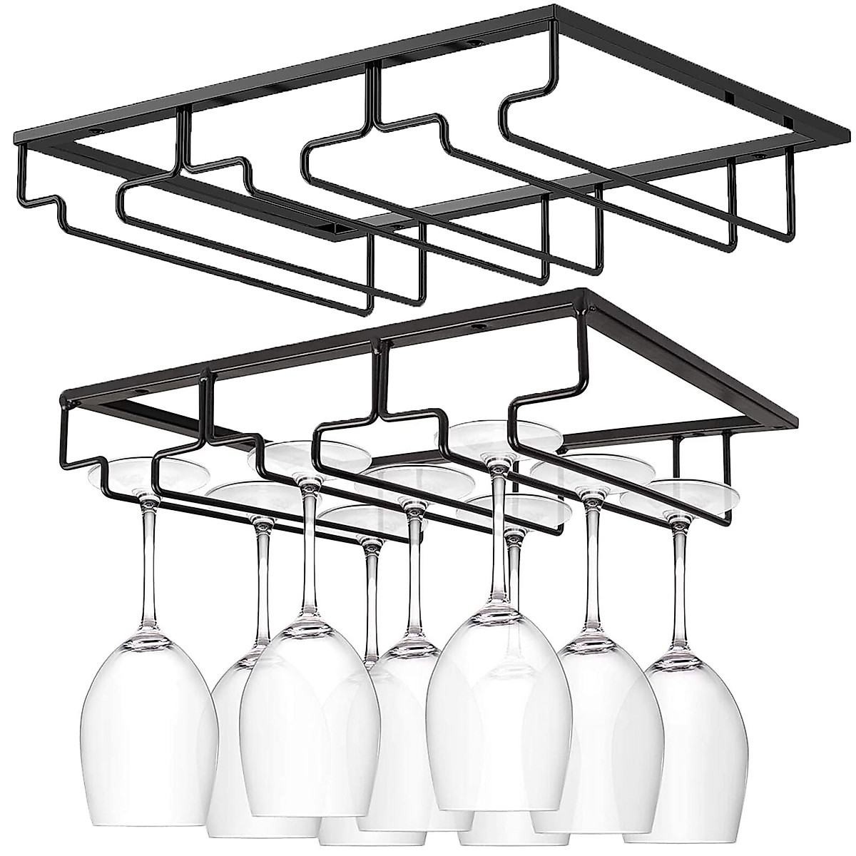 FIAMER Wine Cup Holder Table Decoration Storage Hanger Metal Organizer for Bar Kitchen 3 Rows Stemware Rack Under Cabinet Stainless Steel Hanger Storage Shelf Black