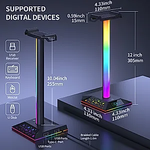 Gaming Headphone Stand PC Accessories - RGB Headset Stand with 2 USB Charger, Cool LED Headphone Holder PC Gaming Accessories Gift for Boys Men Gamers, Computer Game Hardware for Desk