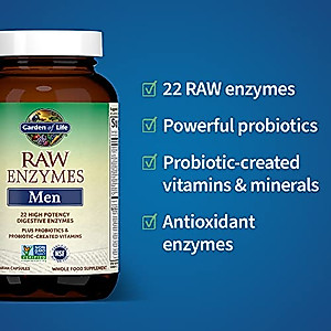Garden of Life 22 Digestive Enzymes for Men with Bromelain, Papain & Lactase Plus Probiotics & Whole Food Vitamins B12, Biotin & Zinc – RAW Enzymes – Non-GMO, Gluten-Free, Vegetarian, 90 Capsules