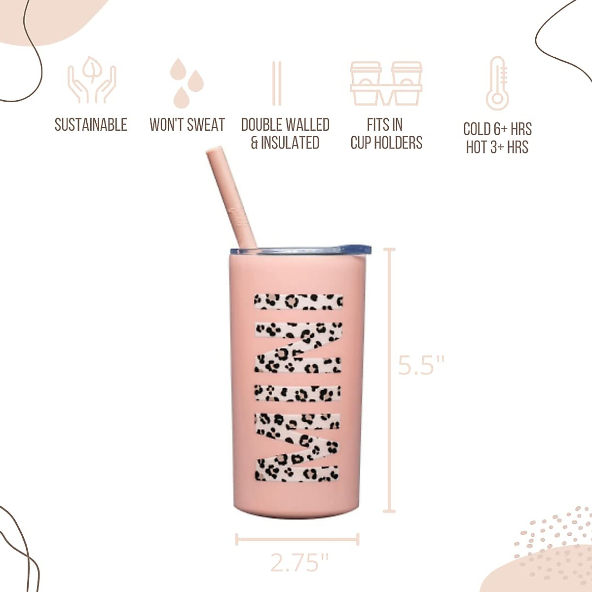 Lucky Love Mini Stainless Steel Cup for Kids - 3D Printed Leopard Insulated Tumbler with Lid and Straw Making This Toddler Straw Cup Spill Proof (Mini Blush Leopard)