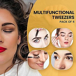 EXCLAIM BEAUTY Tweezers for Women & Men Pack of 4 Stainless Steel Tweezers Set, Precision Tweezers for Eyebrows Splinter Ingrown Hair Removal Tweezers Kit for Women with Leather Case – Matte Black