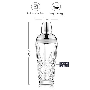 Fioance Glass Cocktail Shaker, 18.5oz Cutting Desgin Glass Shaker - Exquisite Martini Shaker for Elevated Mixology. Perfect for Crafting Artisan Cocktails, Martinis