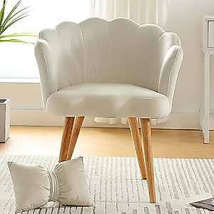 Modern Velvet Accent Chair,Shell Shape Upholstered Armchair with Wood Legs,Comfy Reading Chair for Bedroom,Living Room,Makeup Room,Bowknot Pillow (Cream)