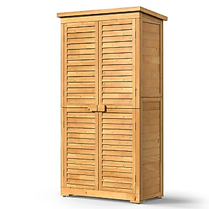 63.2" Outdoor Storage Cabinet with 3 Detachable Shelves, Lockable Wooden Garden Shed with Asphalt Roof, Vertical Tool Storage Shed for Backyard Patio Lawn Deck