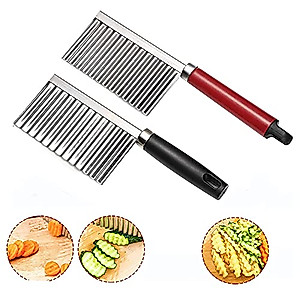 2 Pcs Potato Crinkle Cut knife, Stainless Steel Wavy Slicer, Decorative Knife for Fruits and Vegetables, Home Kitchen Wavy Blade Cutting Tool. For Carrot,Cheese,Potatoes Decoration Gadget (Black+Red)