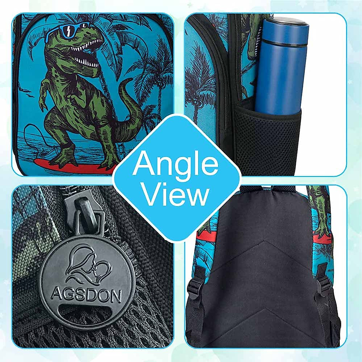 gxtvo 3PCS Dinosaur Backpack Boys, 16" Kids Preschool Elementary Dino Bookbag and Lunch Box