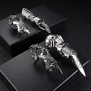 FIBO STEEL 16 Pieces Vintage Punk Rings Gothic Rock Knuckle Joint Full Finger Rings Set Dragon Snake Claw Skull Octopus Eyes of Hell Open Adjustable Rings Halloween Vampire Cosplay Party Accessory