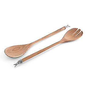 Vagabond House Teak Salad Servings with Pewter Bunny 14 Inch Long