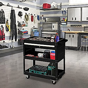 3-Tier Tool Cart Rolling Mechanic Service Cart on Wheels with Drawer, 330lbs Capacity Utility Cart, Big Rolling Tool Storage Cart and Tool Organizer for Garage Warehouse Workshop and Room (Black)