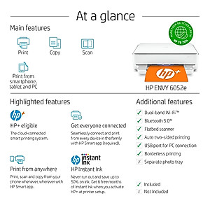 HP Envy 6052e All-in-One Wireless Color Inkjet Printer, Print Copy Scan, 2-Sided Printing, WiFi USB Bluetooth Connectivity, Instant Ink Ready, White (Renewed)