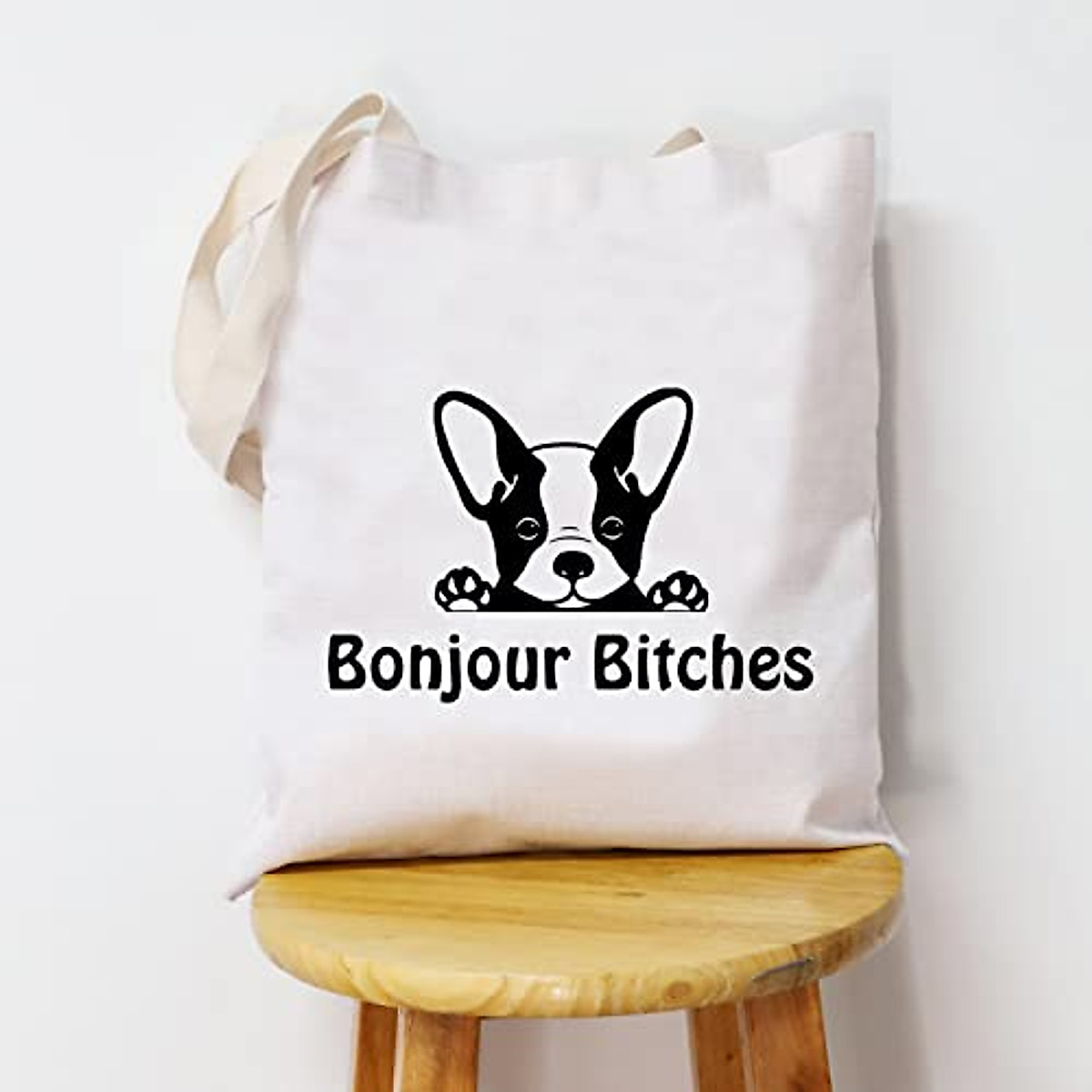 JNIAP French Bulldog Tote Bag French Bulldog Lover Gift Bonjour Bitches Shoulder Handbag French Bulldog Owner Grocery Bag (French Bulldog Tote Bag)
