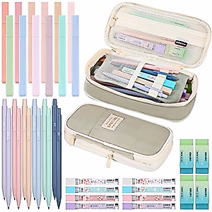 Teling 37 Pcs Aesthetic School Supplies Includes Cute Pencil Case 12 Pcs 0.5 Mm/ 0.7 mm Mechanical Pencil 4 Pcs Erasers 8 Tubes Pencil Refills 12 Pcs Cute Highlighters for Girls School (Light Green)